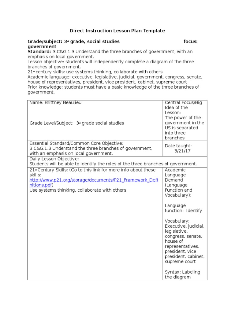 3rd Grade Government Lesson Plan Template | PDF | Separation Of Powers ...