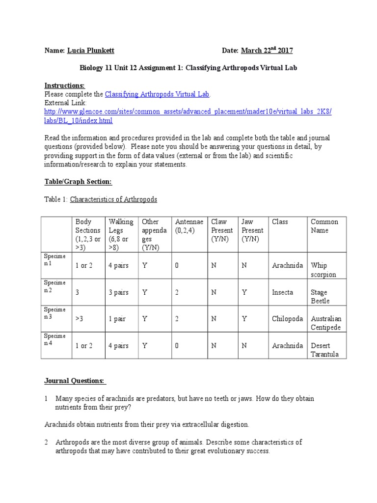 Biology 11 Unit 12 Assignment 1 Classifying Arthropods Virtual Lab ...