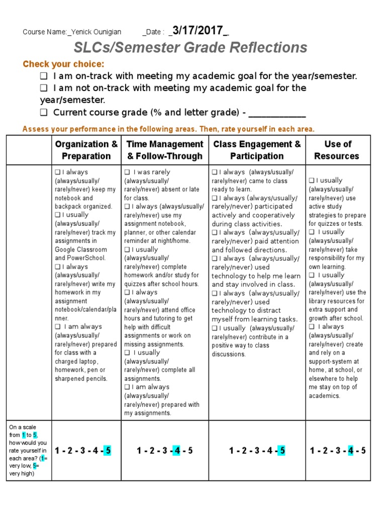 Slcs/Semester Grade Reflections | PDF | Homework | Education Theory