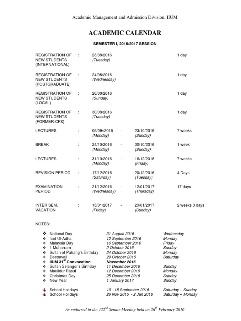 IIUM Academic Calendar 2016/2017 | PDF