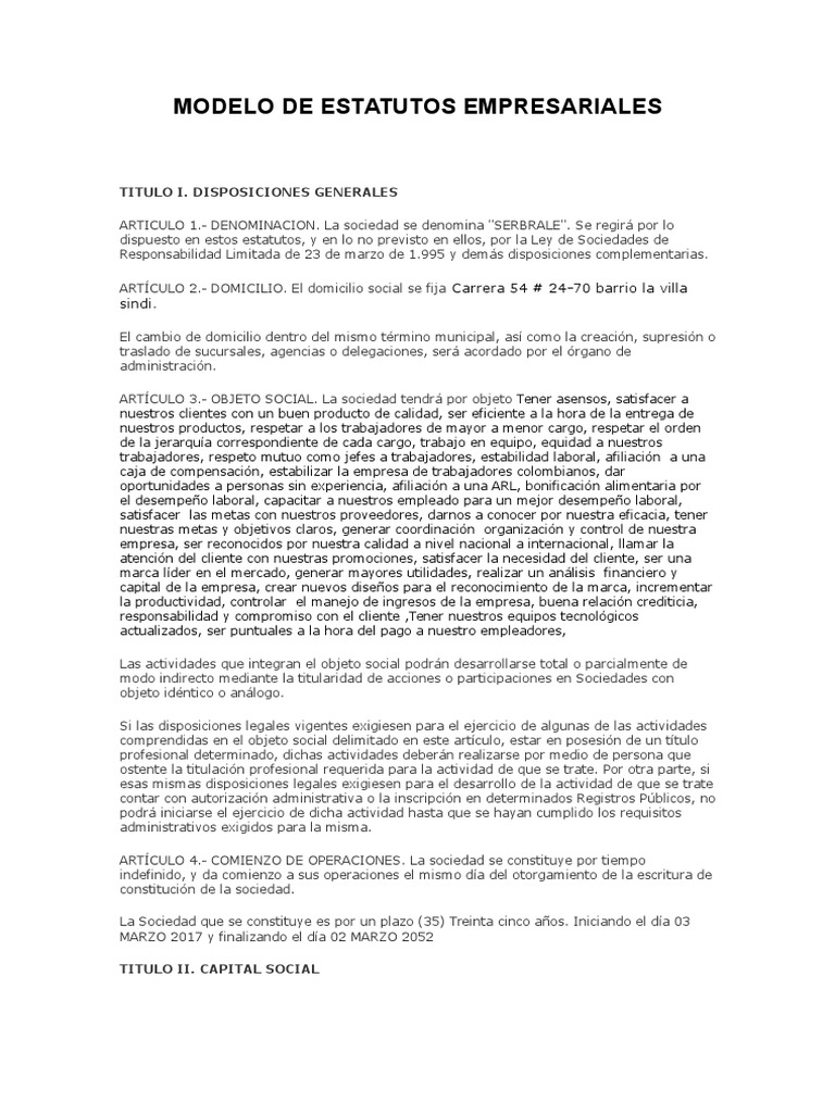 Modelo de Estatutos Empresariales | PDF | Liquidación | Compañía de ...
