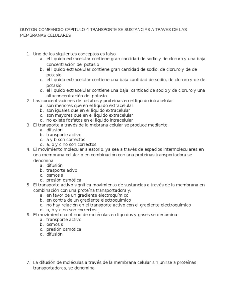 Guyton Compendio Capitulo 4 Transporte Se Sustancias A Traves de Las Membranas Celulares | PDF
