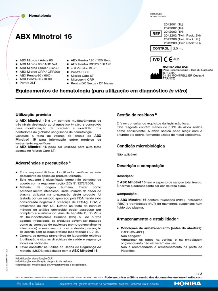 Controle Multiparâmetros de Três Níveis - ABX Minotrol 16 ...