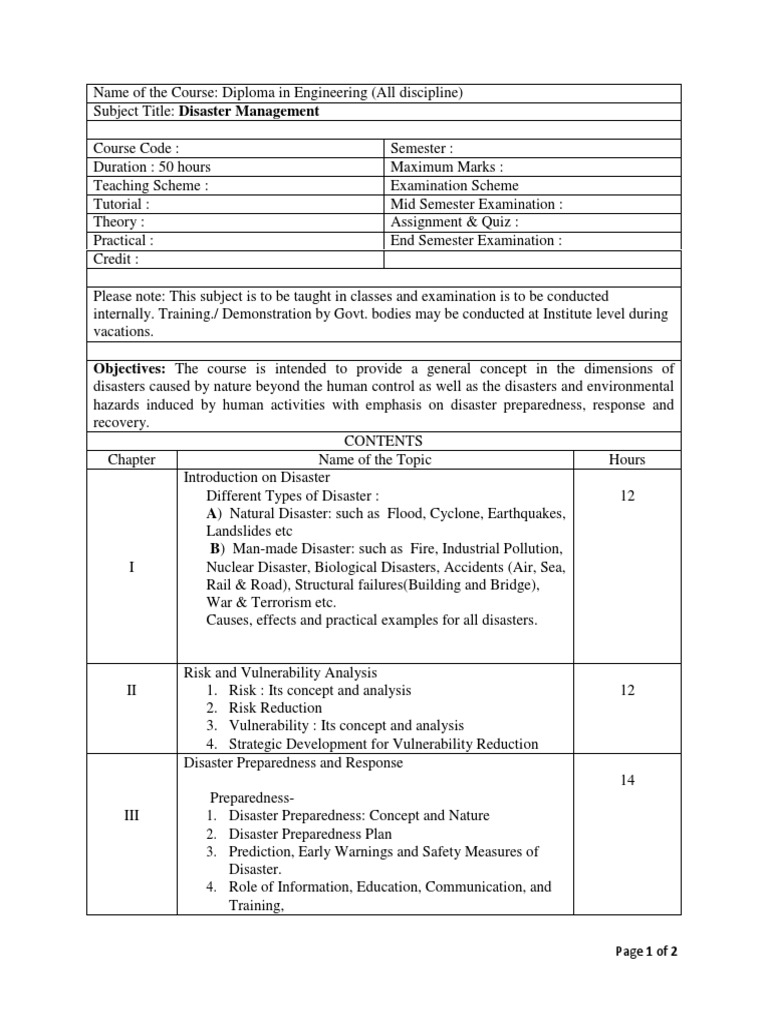 Diploma in Disaster Management Syllabus | PDF | Emergency Management ...