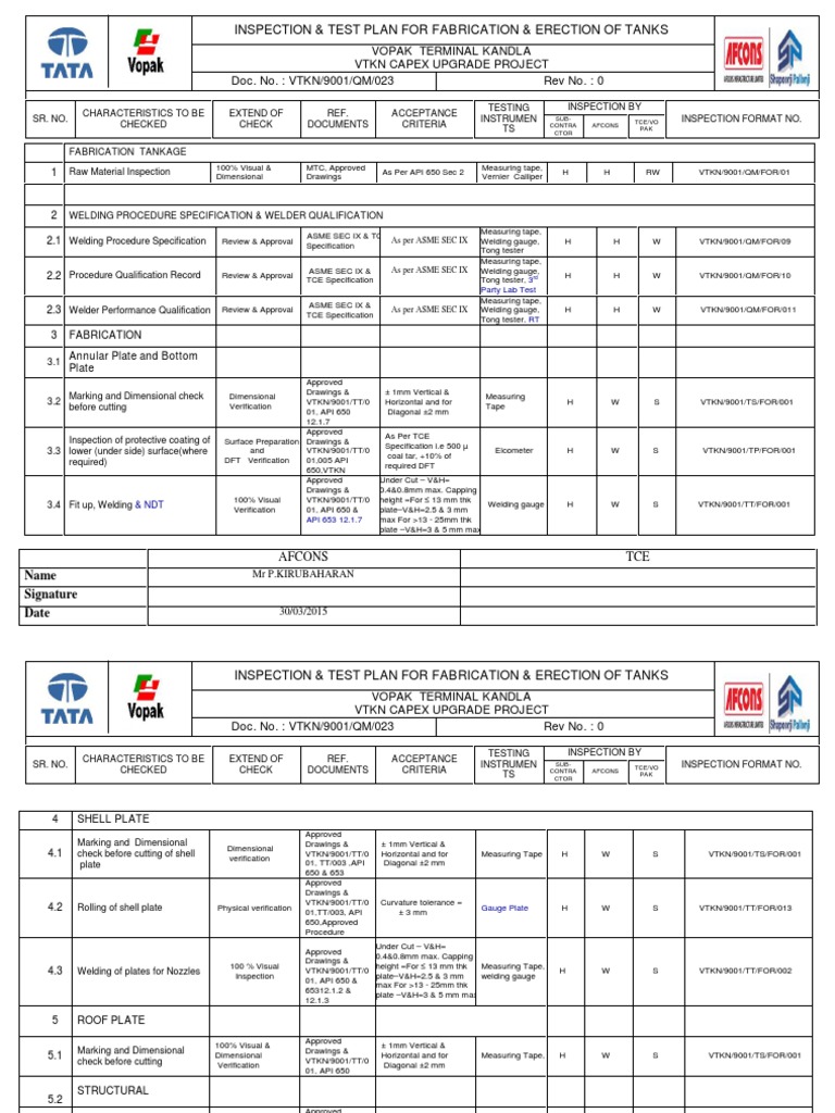 ITP For Fabrication & Erection of Tanks | PDF | Steel | Industries