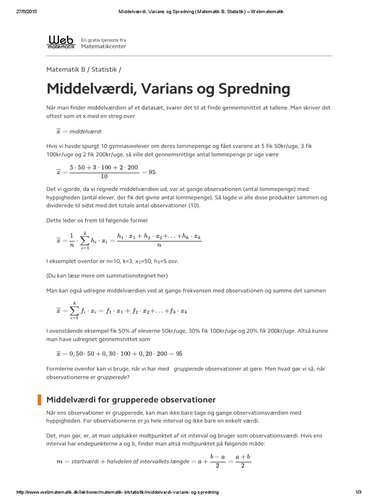 Middelværdi, Varians Og Spredning (Matematik B, Statistik ...