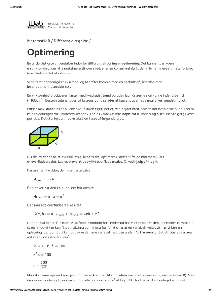 Optimering (Matematik B, Differentialregning) - Webmatematik | PDF