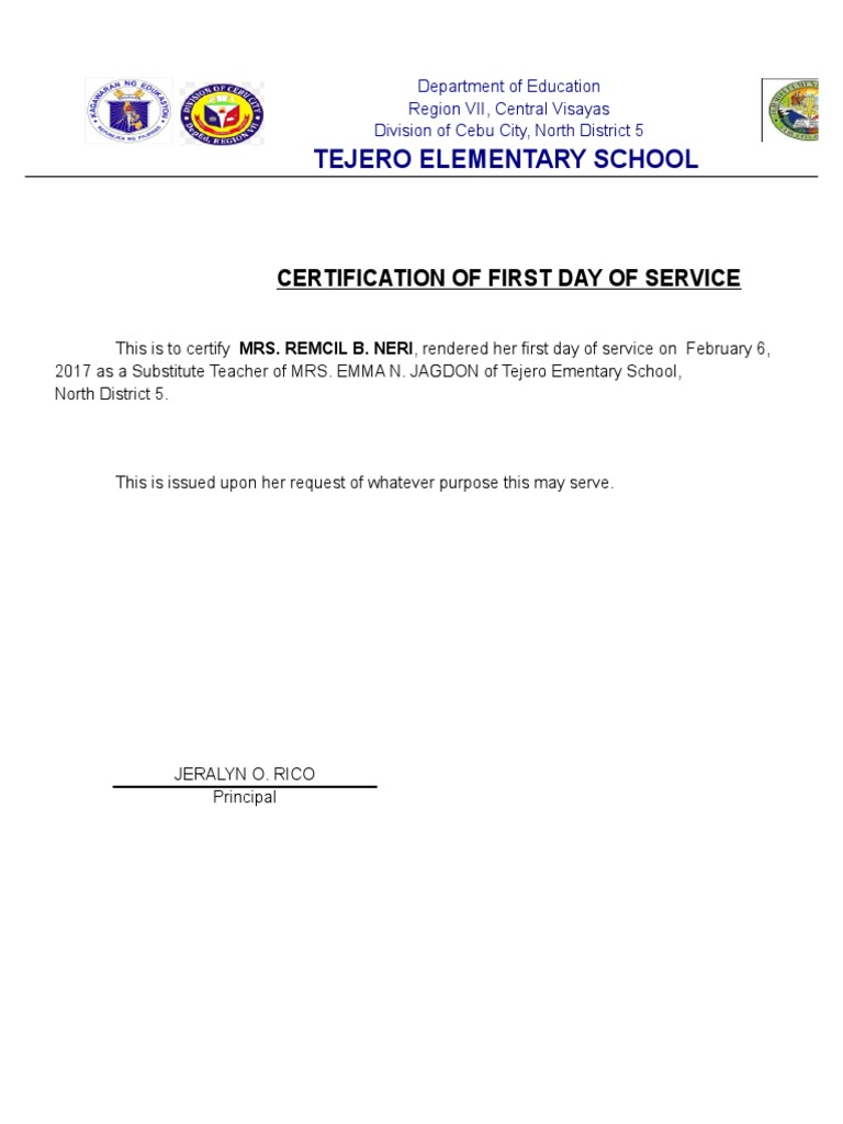 Tejero Elementary School: Certification of First Day of Service | PDF