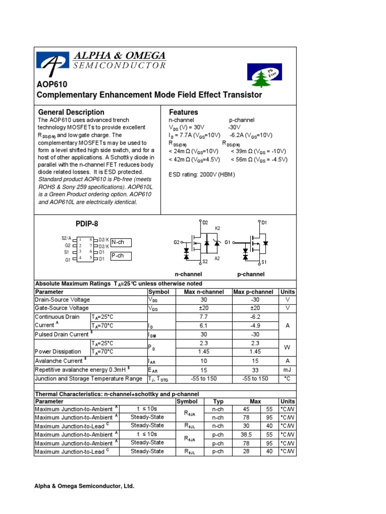 P610 AOP610 É Um DUAL MOSFET CANAL N e P Com Diodos de Proteção-Driver ...