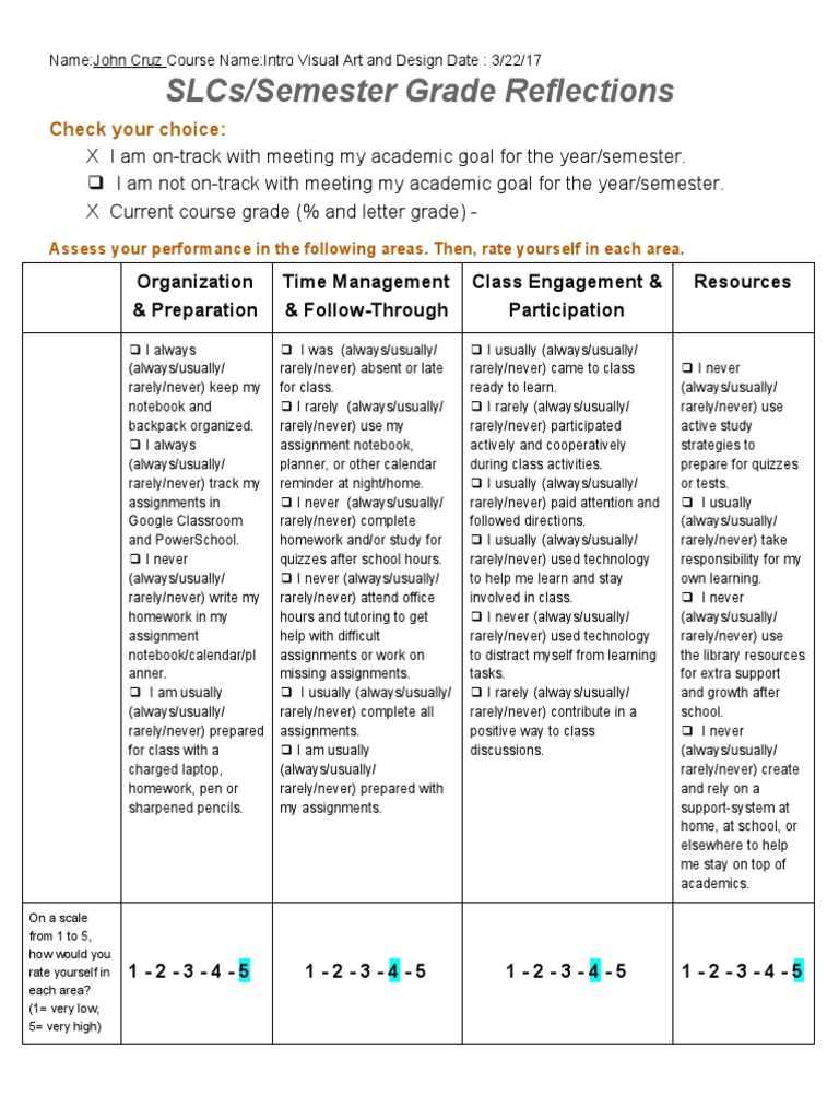Slcs/Semester Grade Reflections | PDF | Homework | Applied Psychology