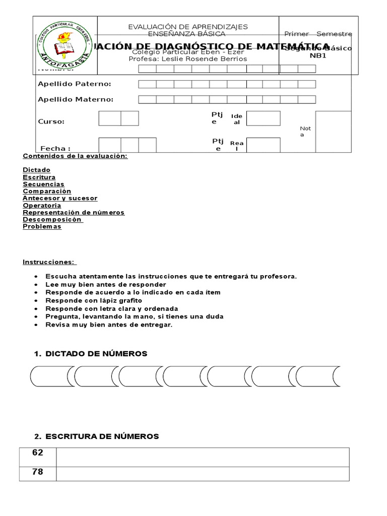 Evaluación Diagnóstica de Matemáticas 2° Básico | PDF | Información ...