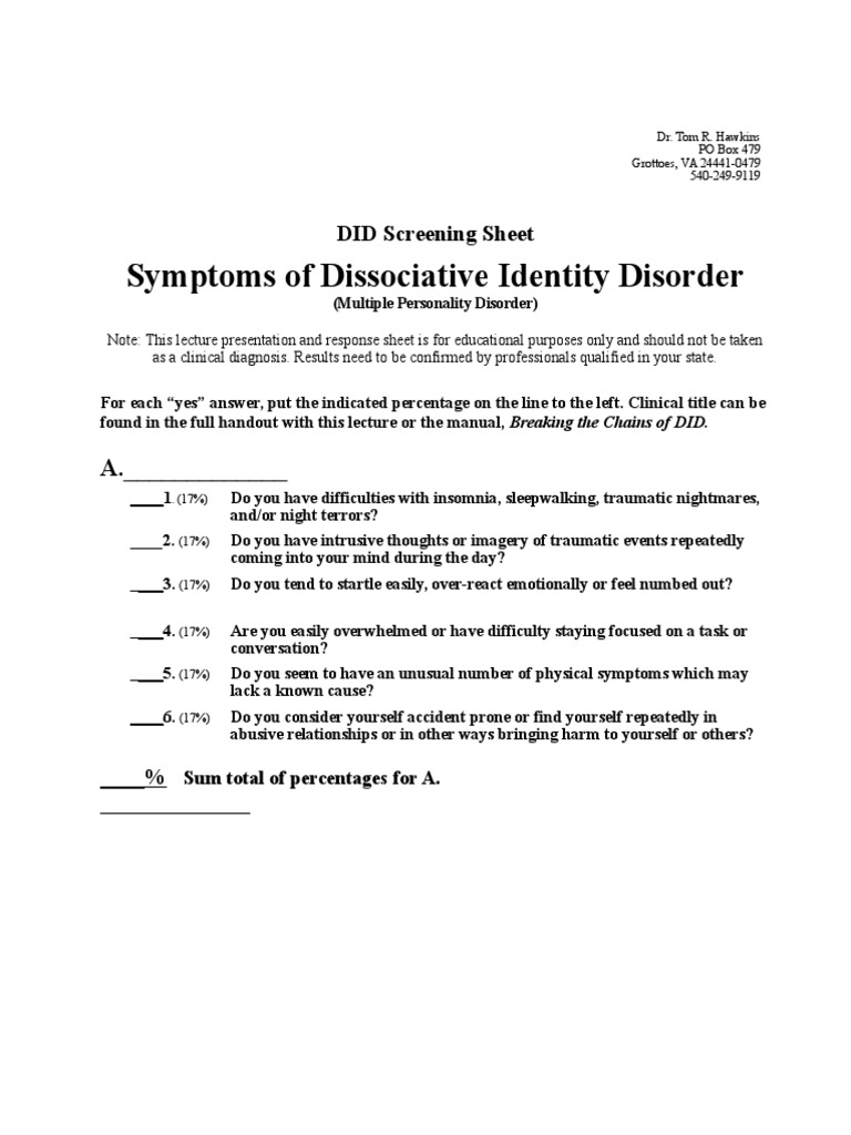 DID Screening Sheet | PDF | Psychological Trauma | Medical Diagnosis