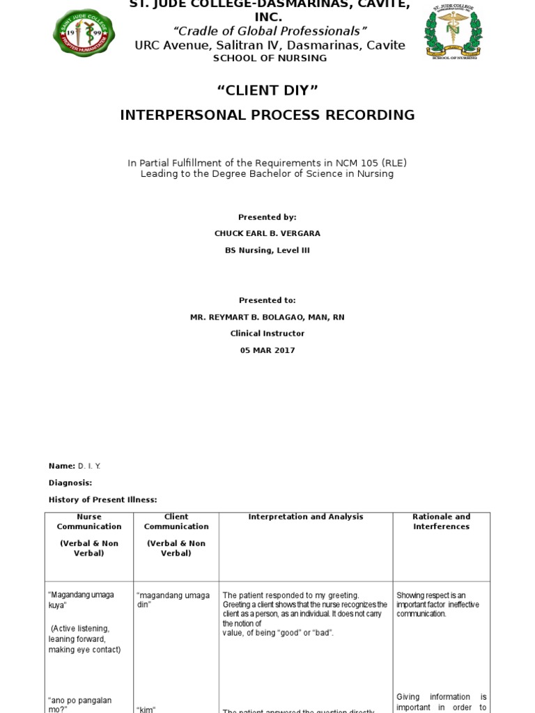 "Client Diy" Interpersonal Process Recording: URC Avenue, Salitran IV ...