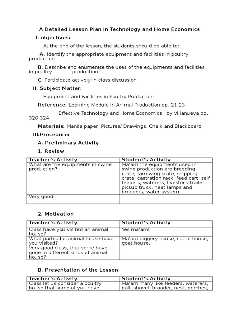 A Detailed Lesson Plan in Technology and Home Economics | PDF | Chicken ...