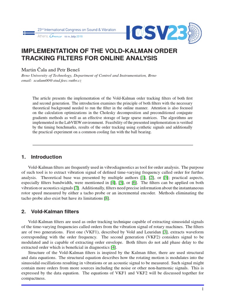 Implementation Of The Vold Kalman Order Tracking Filters Pdf Matrix Mathematics