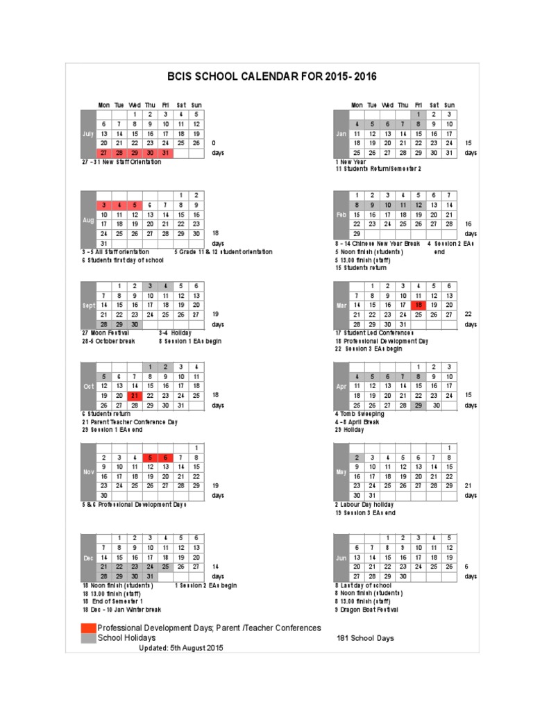 Bcis School Calendar For 2015-2016: July Jan | PDF