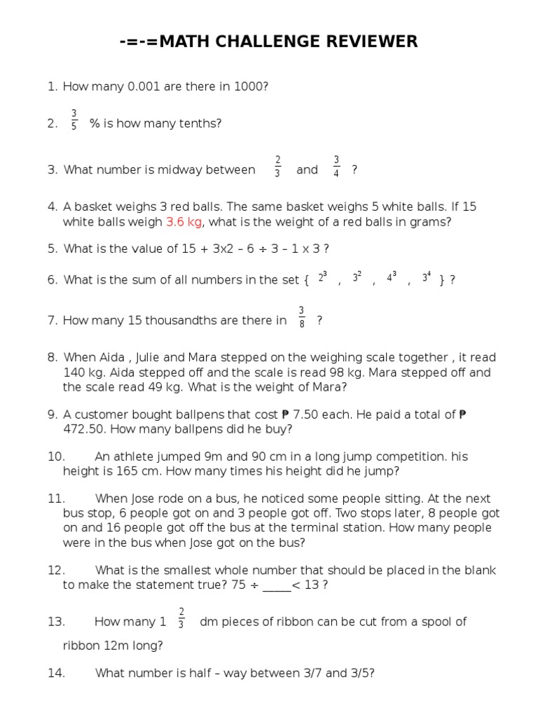 Math Challenge Questions and Solutions | PDF | Arithmetic | Numbers