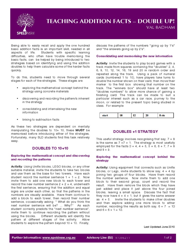 Numeracy3teachingadditionfacts Doubleup | PDF | Cognition | Cognitive ...