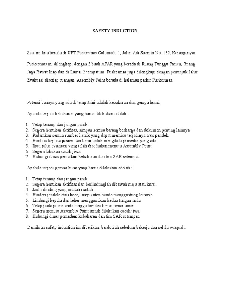 Example of Safety Induction | PDF