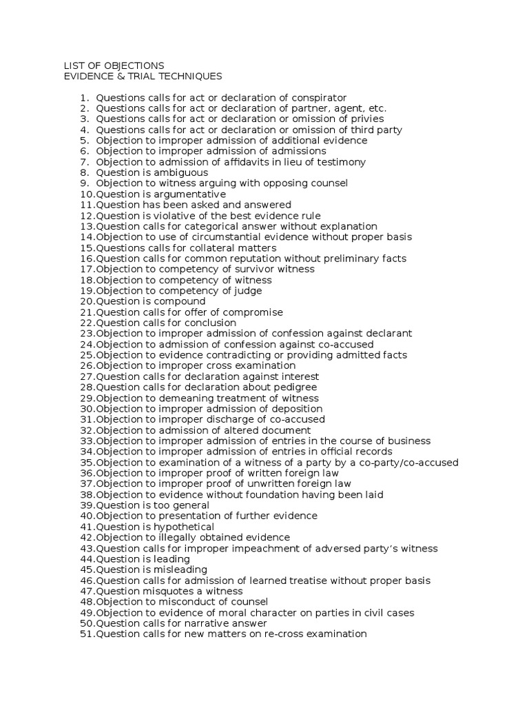List of Objectionable Questions | PDF | Witness | Evidence (Law)