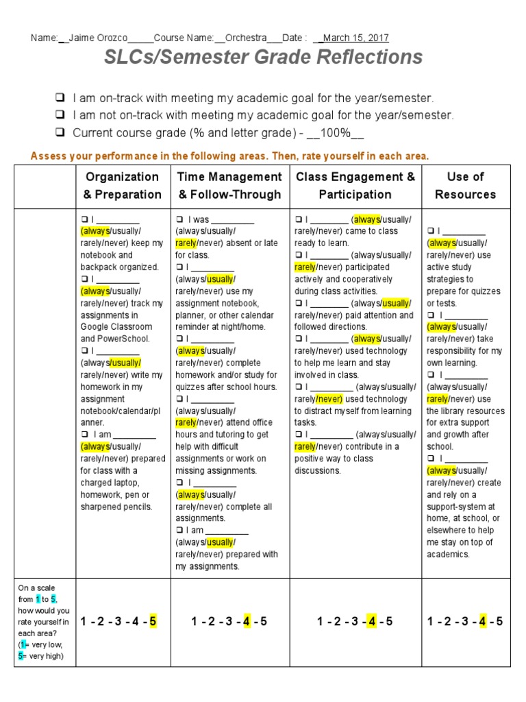 Slcs/Semester Grade Reflections | PDF | Homework | Applied Psychology