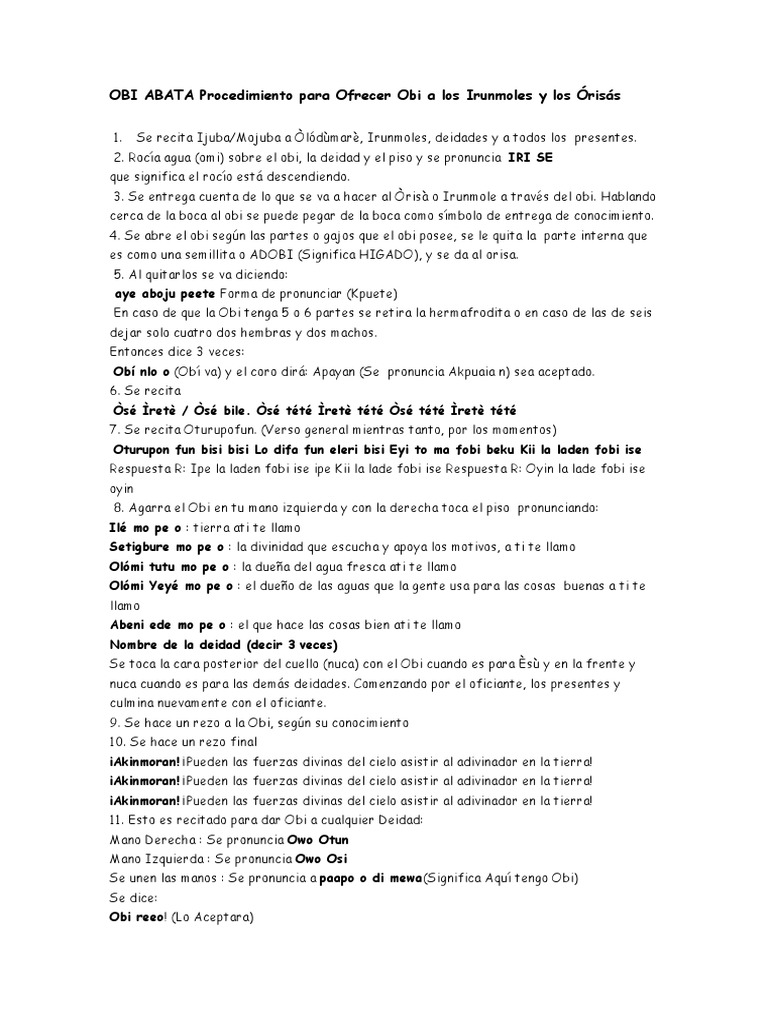 OBI ABATA Procedimiento para Ofrecer Obi A Los Irunmoles y Los Órisás ...