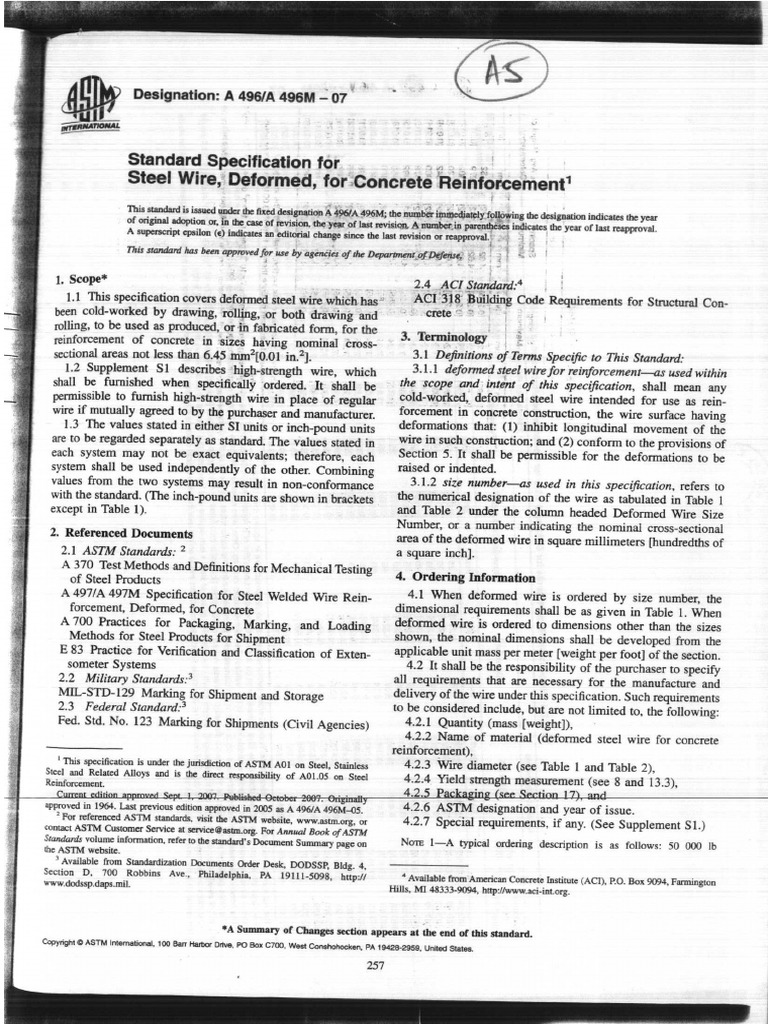 ASTM A496 A 496 M - 07 Steel Wire, Deformed, For Concrete Reinforcement | PDF