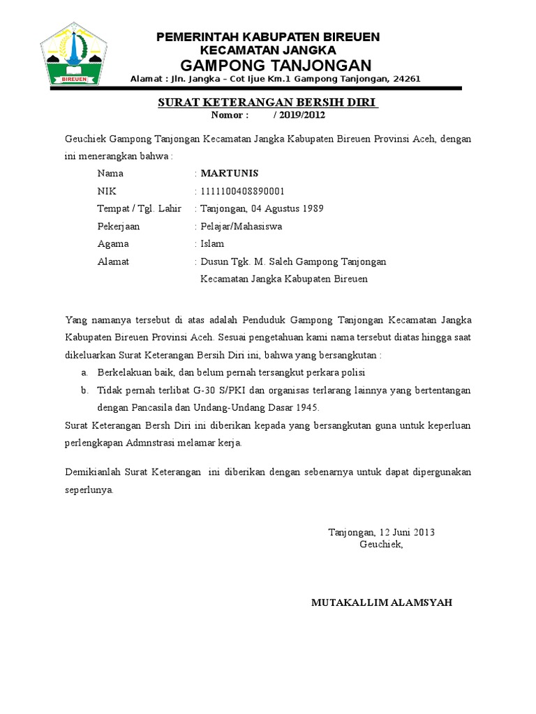 Surat Keterangan Bersih Diri | PDF