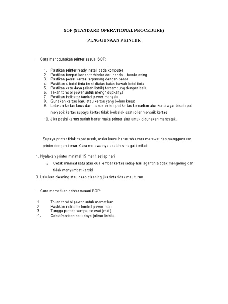 Prosedur Penggunaan dan Perawatan Printer | PDF | Memasak, Makanan ...