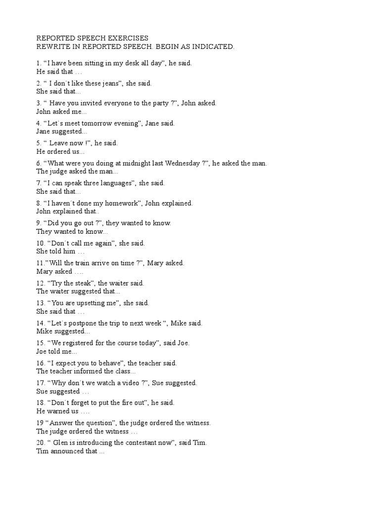 Reported Speech Exercises for Practice | PDF