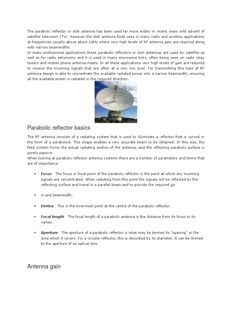 Parabolic Reflector Basics | PDF | Antenna (Radio) | Broadcast Engineering