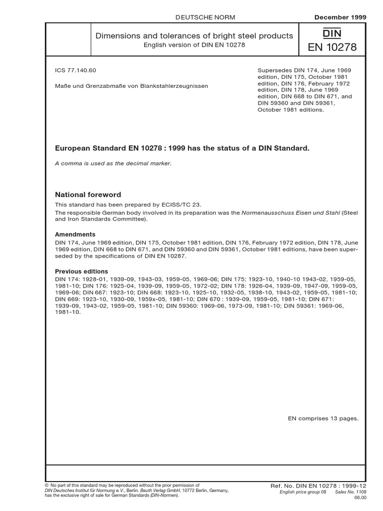DIN EN10278 1999 Dimensions and Tolerances of Bright Steel Products ...