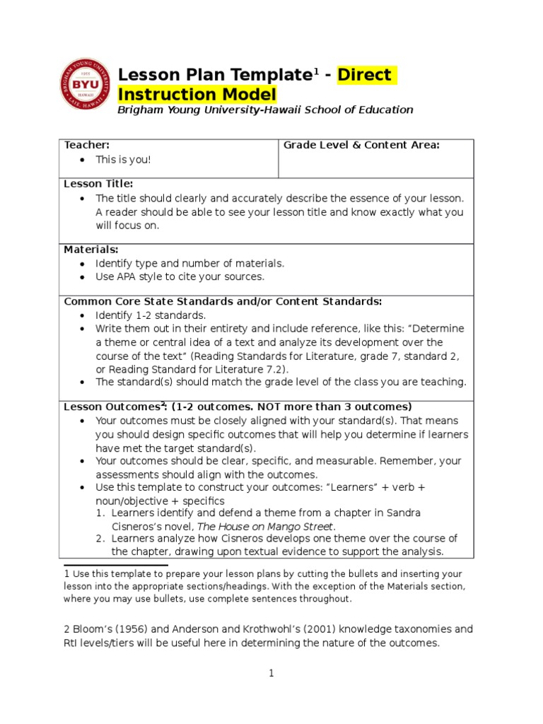 Direct Instruction Model Lesson Plan Template 1 | PDF | Educational ...