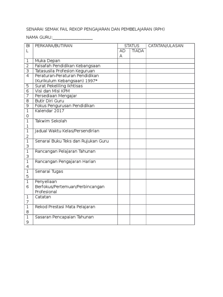 Senarai Semak Fail Rekop Pengajaran Dan Pembelajaran | PDF