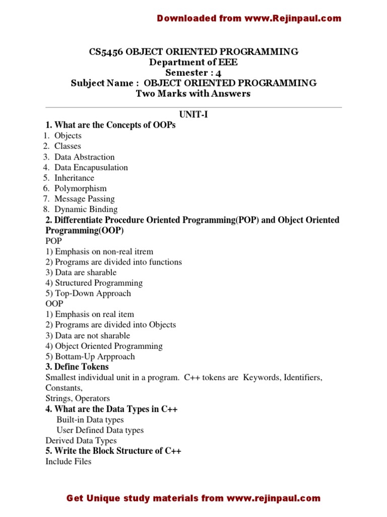 Cs6456 Object Oriented Programming2 Marks | PDF | Java (Programming Language) | Class (Computer ...
