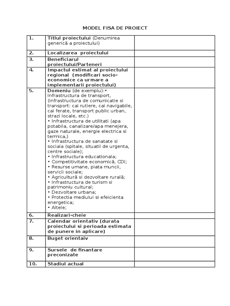 Model Fisa de Proiect | PDF