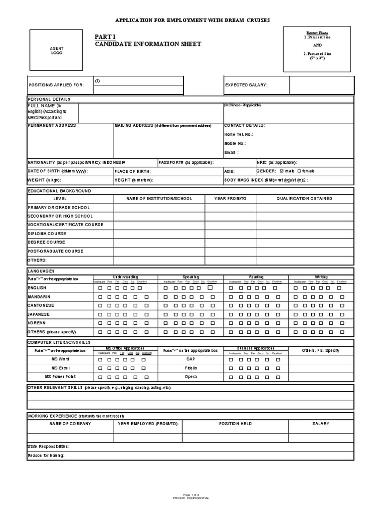 Application For Employment With Dream Cruises | PDF | Further Education