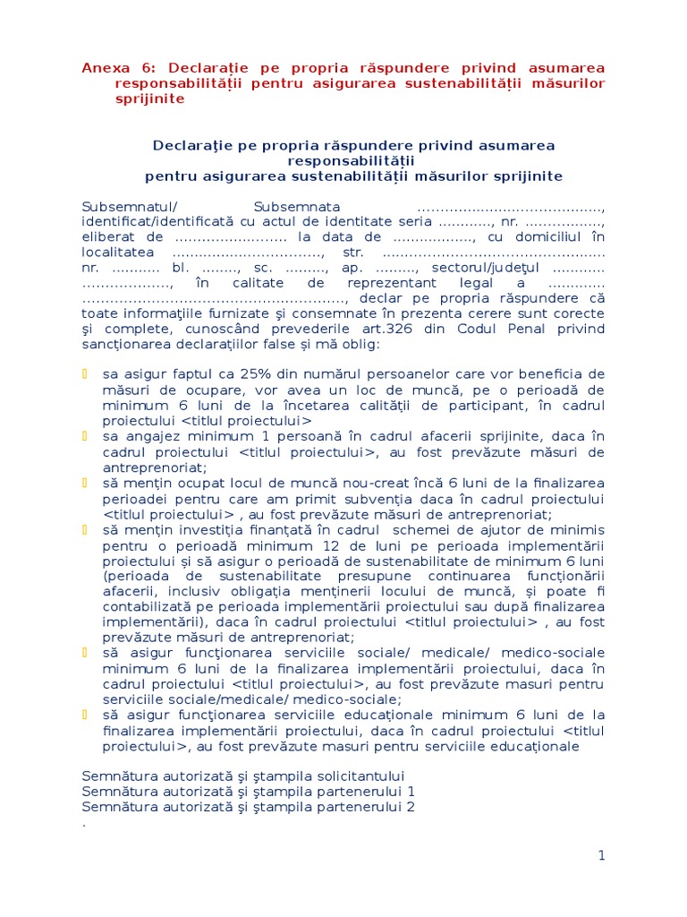 Anexa 6 Model Declaratie Privind Asumarea Responsabilitatii Sustenabilitate | PDF
