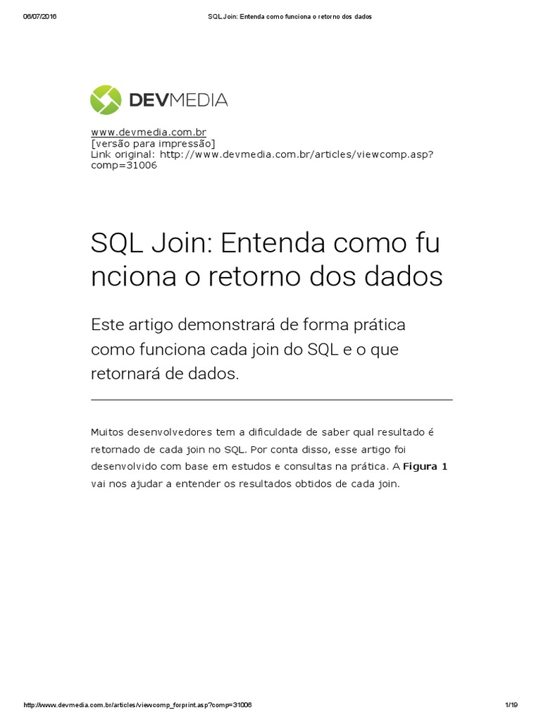 SQL Join - Entenda Como Funciona o Retorno Dos Dados PDF | PDF | SQL ...