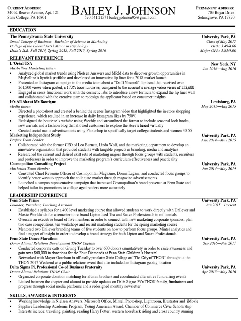 Bailey J Johnson Resume | PDF | Pennsylvania State University ...