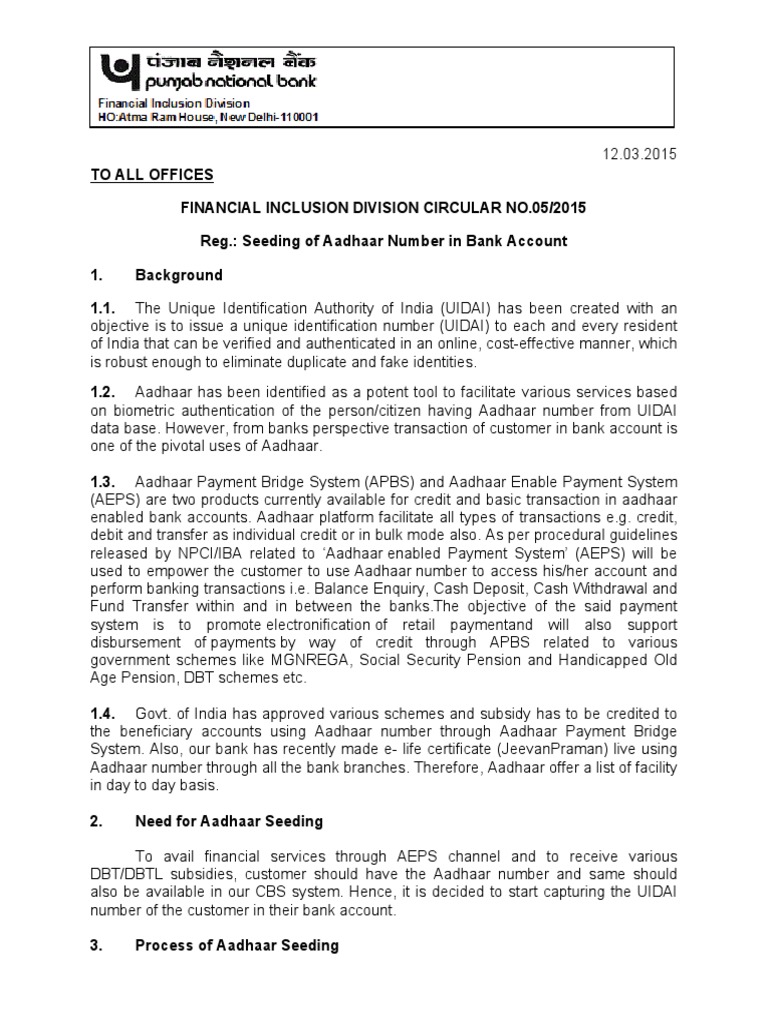 Aadhaar Seeding Circular | PDF | Debits And Credits | Financial Transaction