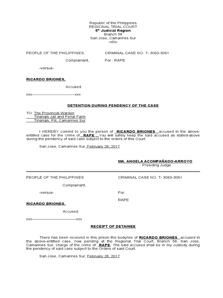 Court Order: Detention of Accused | PDF