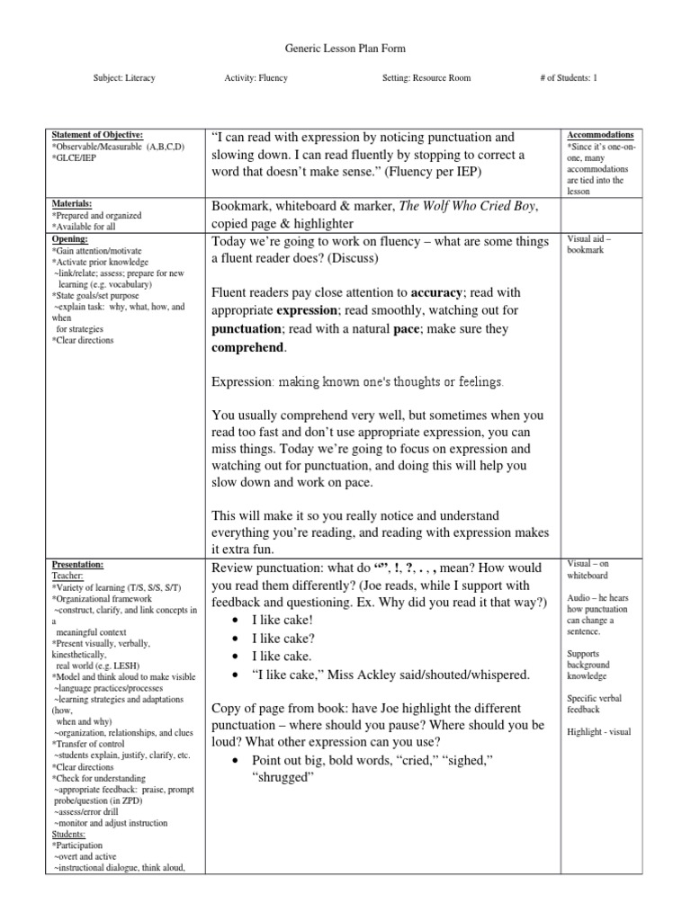 Making Known One's Thoughts or Feelings.: Generic Lesson Plan Form ...