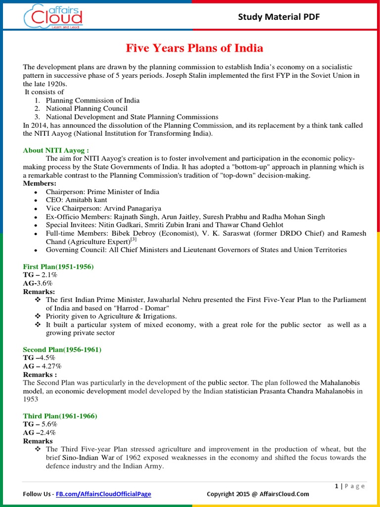 Five Years Plans of India by AffairsCloud | PDF | Economies | Government