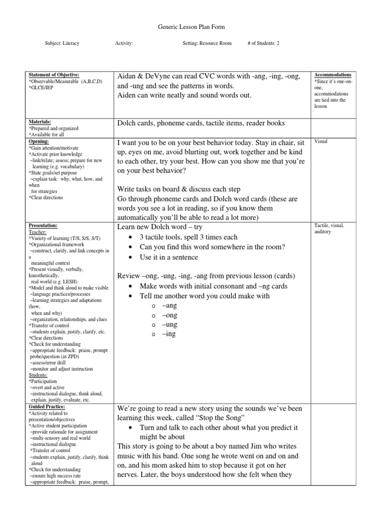 Generic Lesson Plan Form | PDF | Lesson Plan | Behavioural Sciences