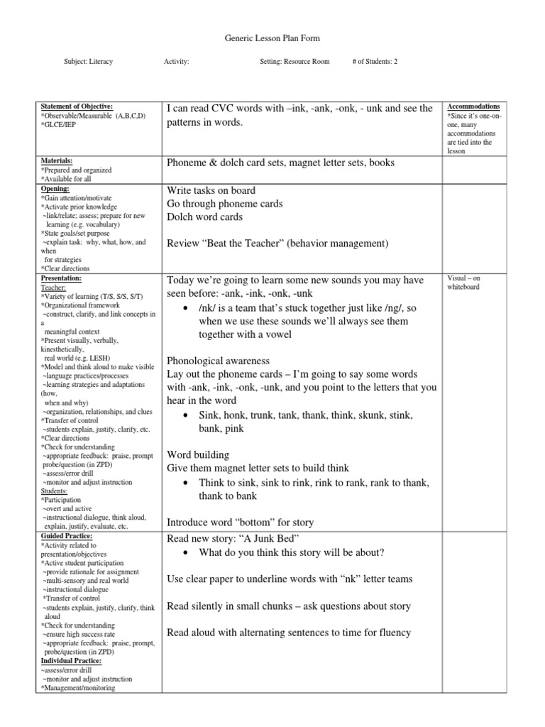 Generic Lesson Plan Form | PDF | Neuropsychology | Action (Philosophy)