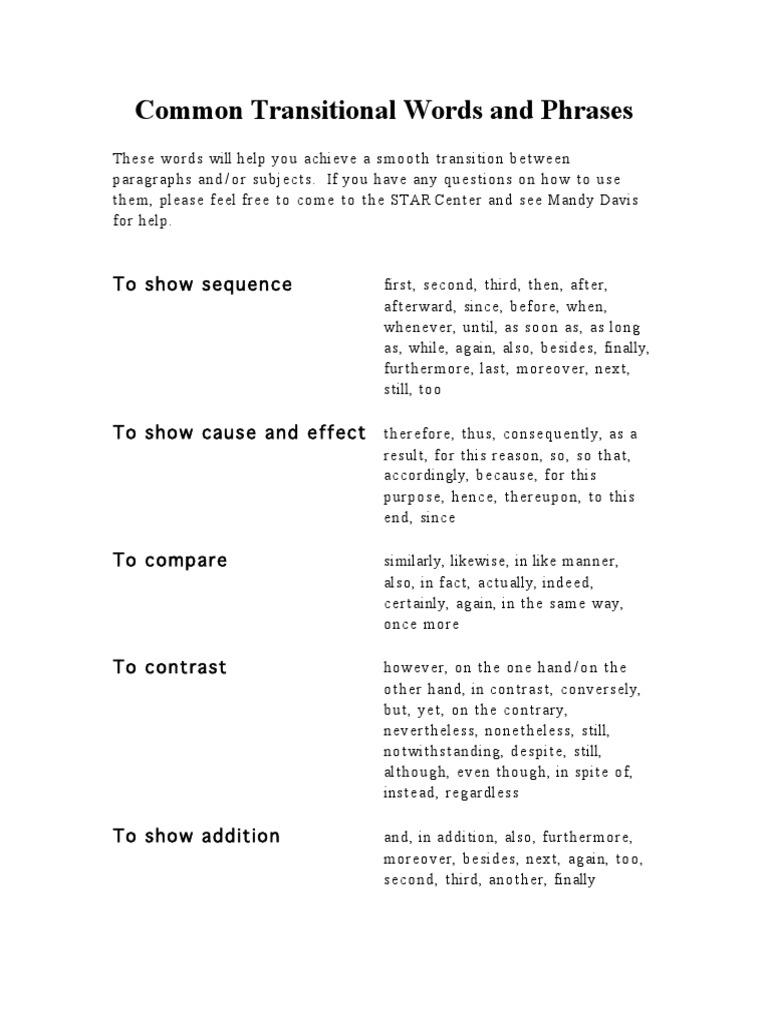 Common Transitional Words and Phrases: To Show Sequence | PDF
