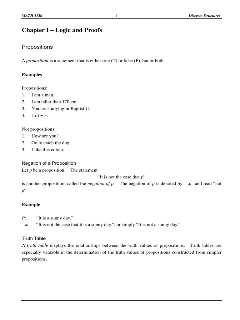 Chapter I - Logic and Proofs: Propositions | PDF | Mathematical Proof ...