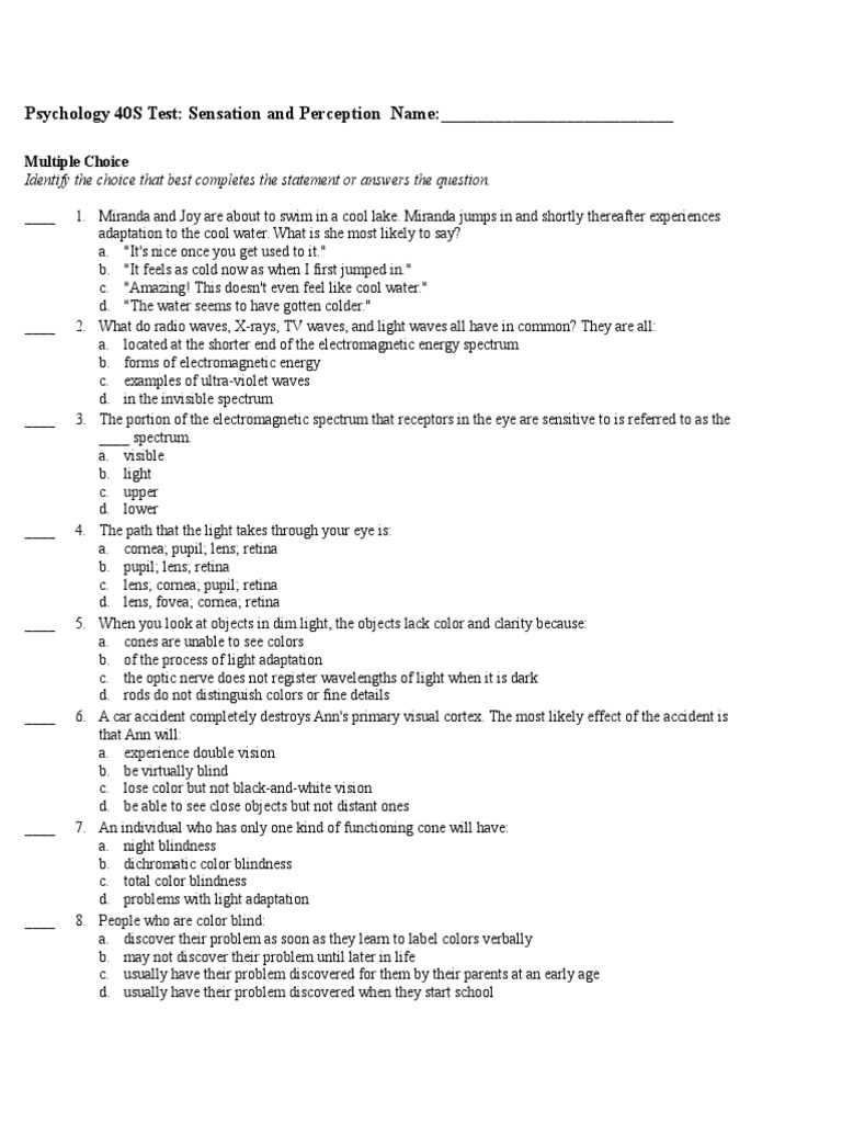 Psychology 40s Test Sensation and Perception | PDF | Visual Perception ...