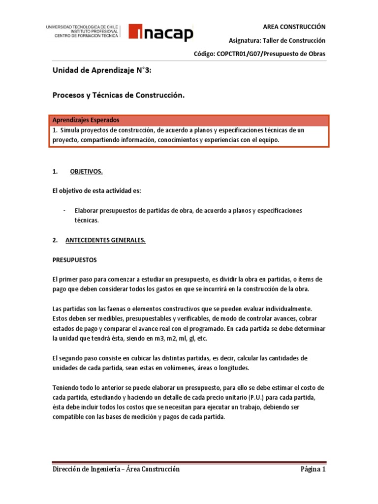 G07. Taller de Construcción. Presupuestos de Obra. | PDF | Presupuesto ...
